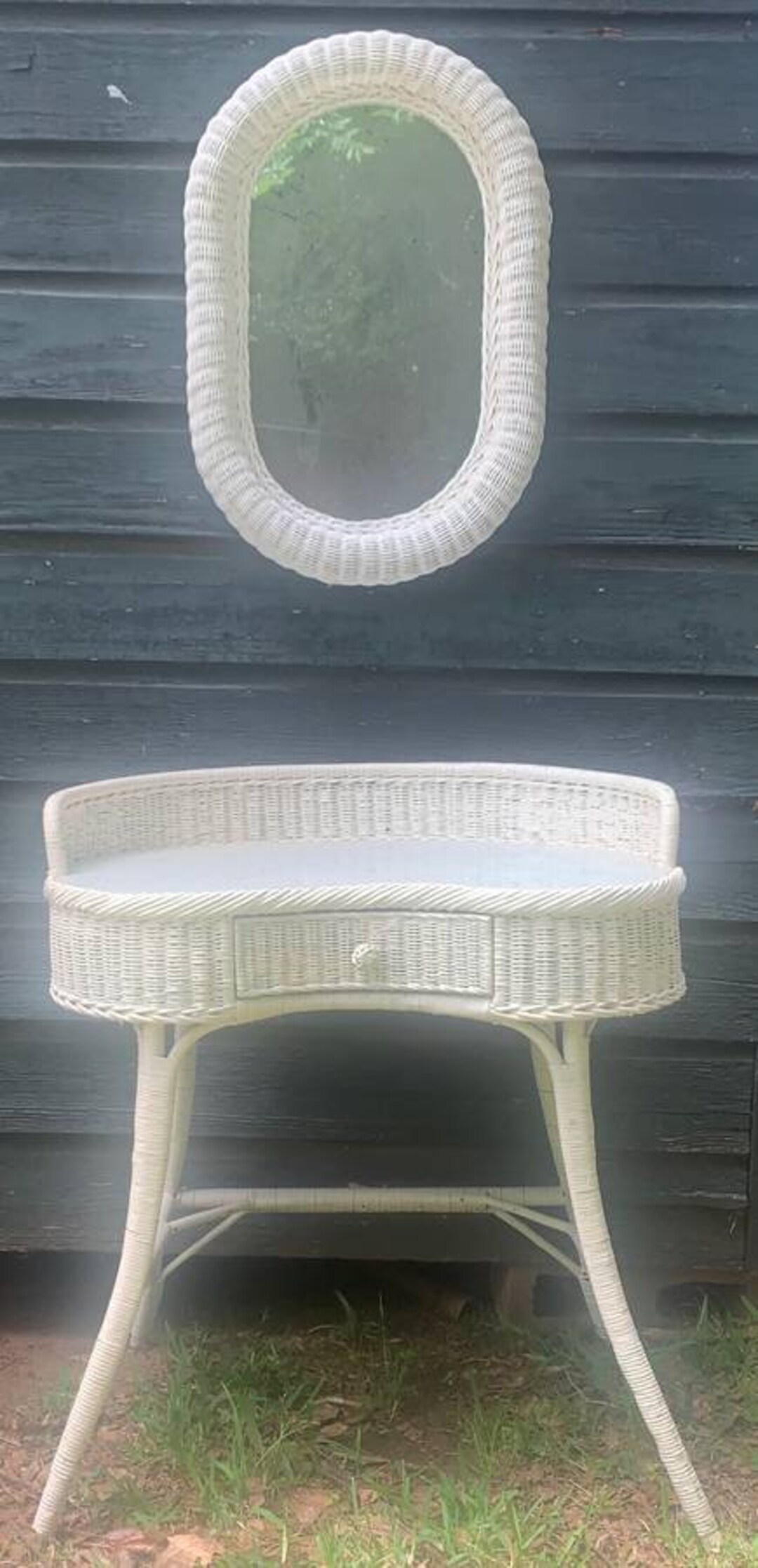 Antique Victorian White Wicker Rattan Glass Top Vanity Makeup Table ...