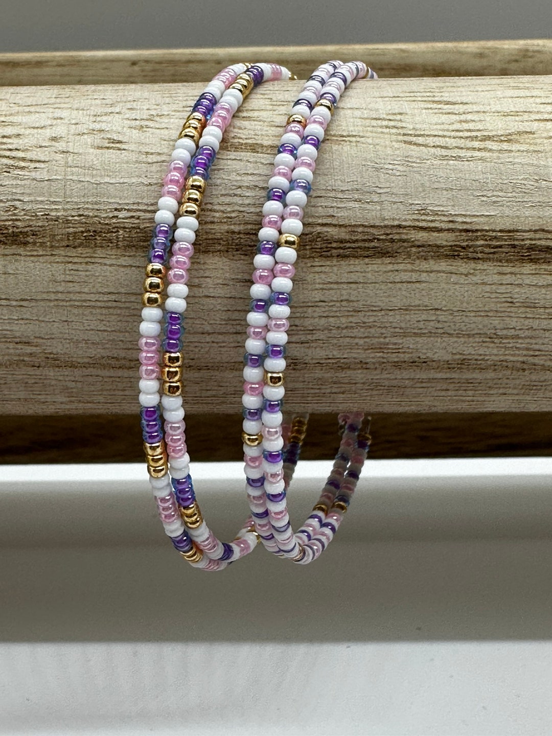 Glass Seed Bead Memory Wire Bracelet/ 2 Piece Set/ Delicate Tiny Seed ...