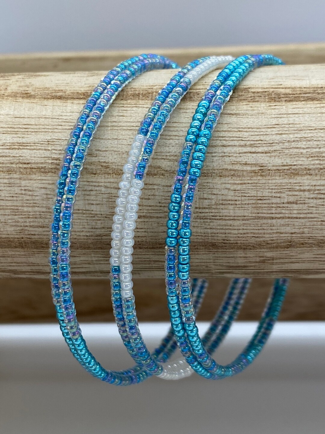 Glass Seed Bead Memory Wire Bracelet/ 3 Piece Set/ Delicate Tiny Seed ...