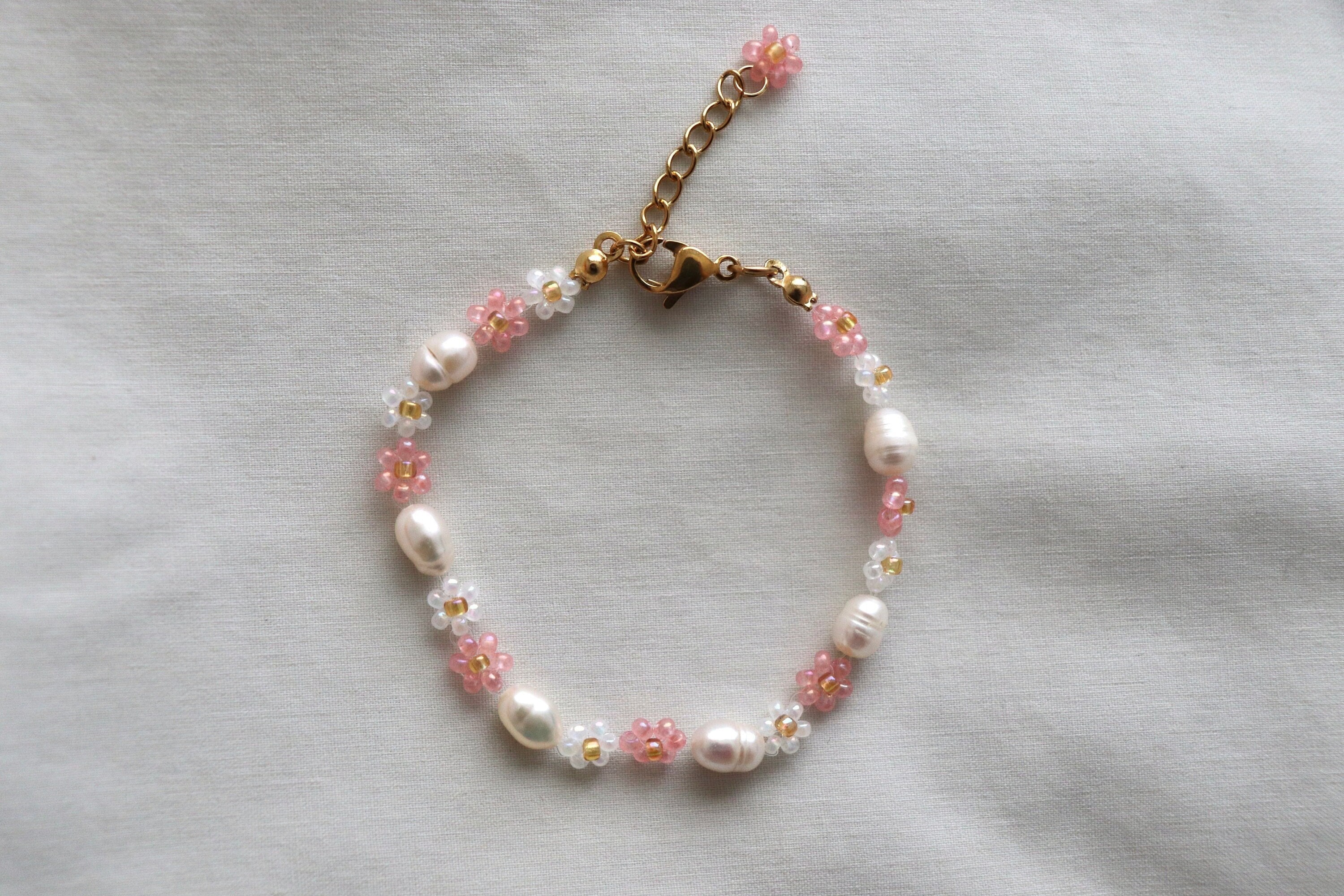 Sakura Pearl Bead Bracelet | Gold Flower, Gift for Her - Etsy