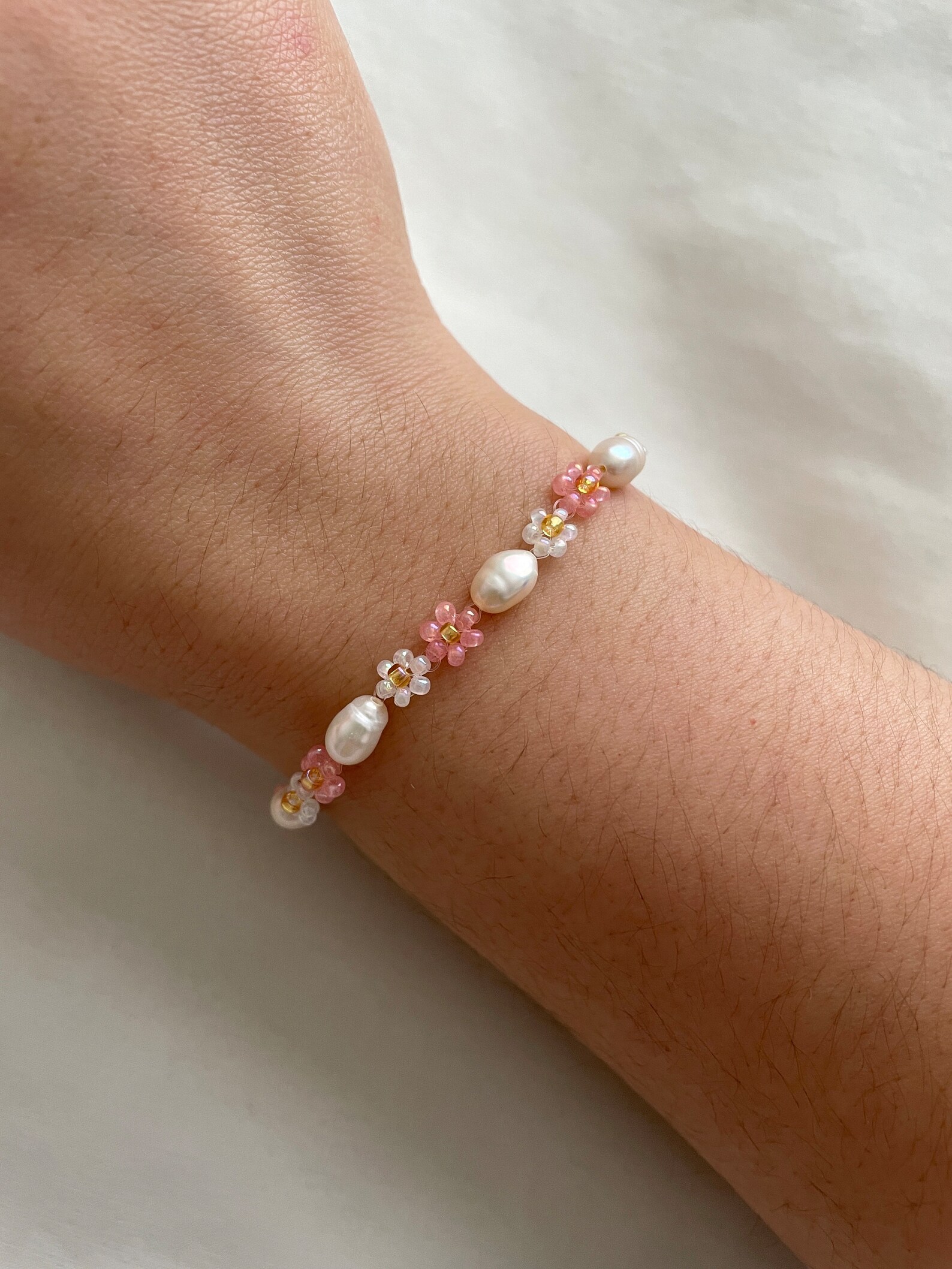 Sakura Pearl Bead Bracelet | Gold Flower, Gift for Her - Etsy