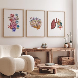Anatomy Print Set of 3, Anatomy Art, Floral Anatomy Poster, Brain Heart ...