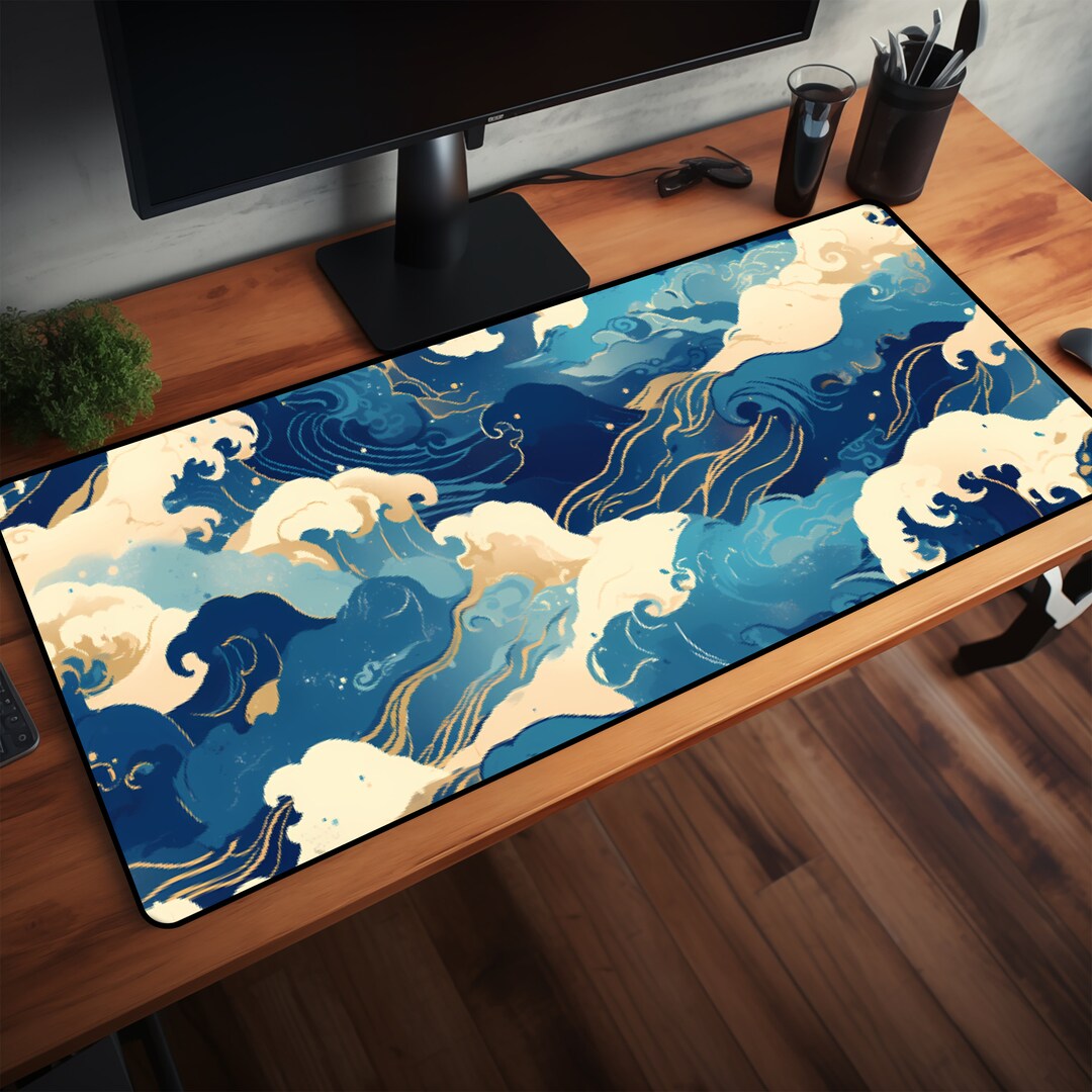 Cottagecore Desk Mat With Turbulent Waves and Clouds - Cute Anime ...