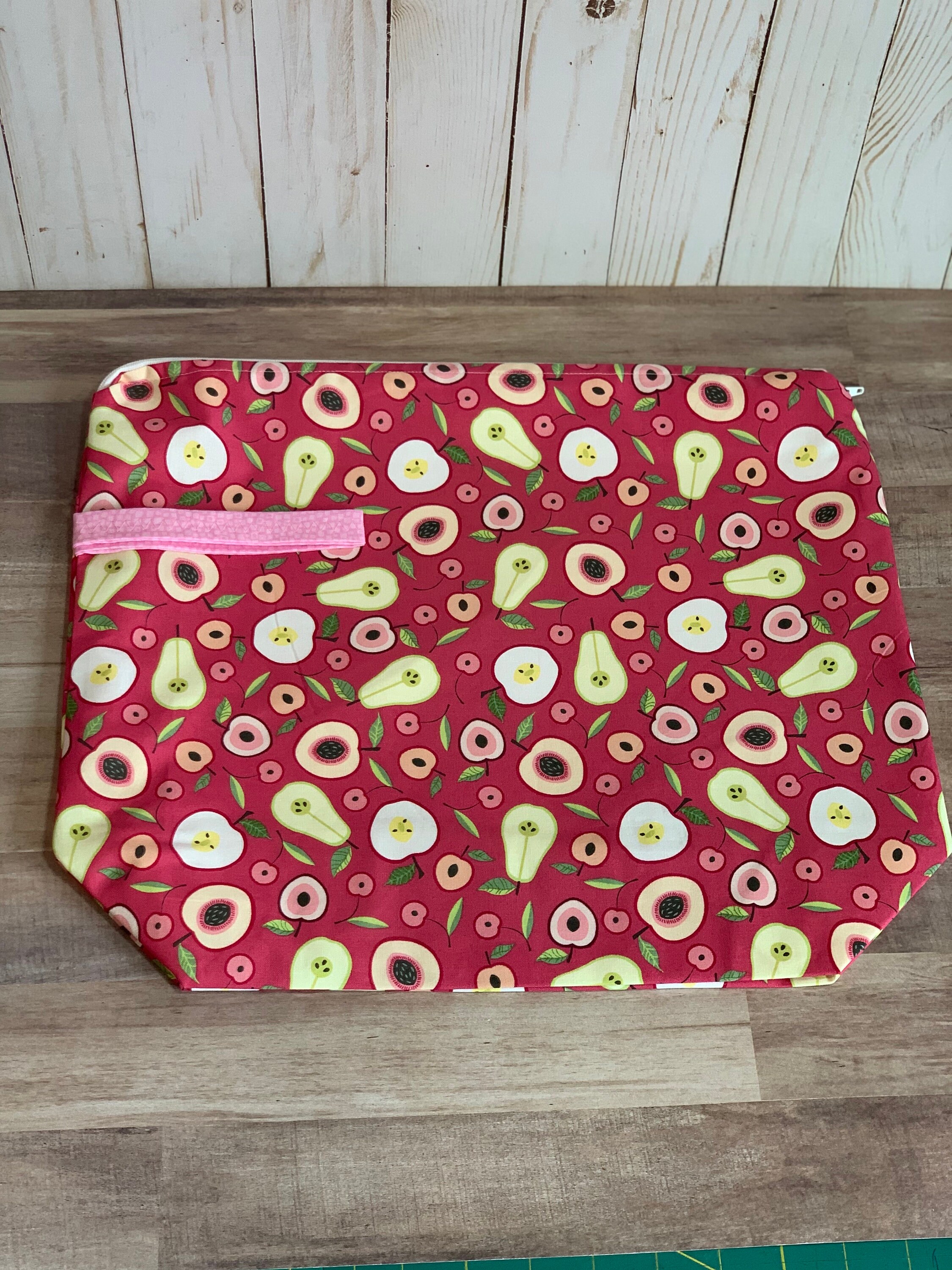 Large Zipper Project Bag: *orchard Fruits* W/pink Blocks Contrast ...