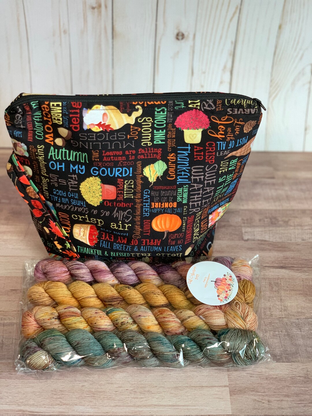 Medium Zipper Project Bag: *fall Words & Gnomes* W/leaves Contrast ...