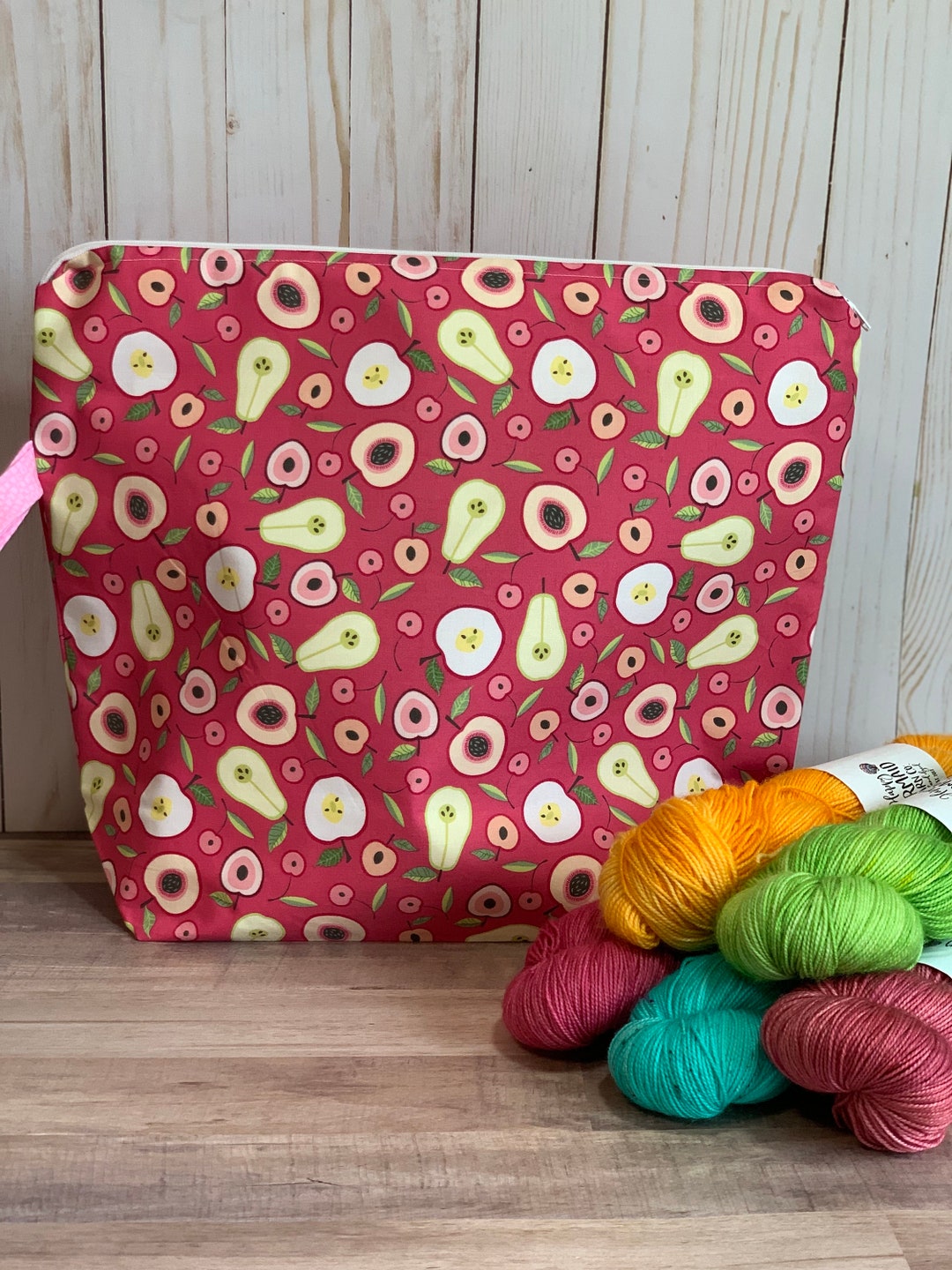 Large Zipper Project Bag: *orchard Fruits* W/pink Blocks Contrast ...