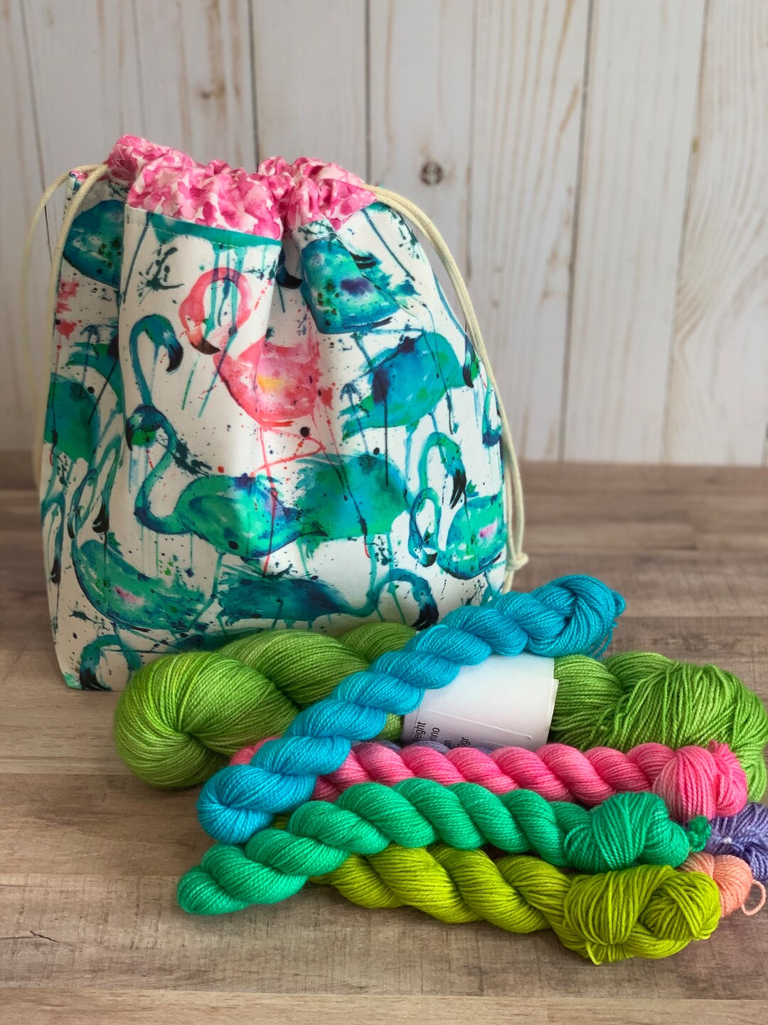 Medium Drawstring Project Bag: watercolor Flamingos W/pink Blossoms ...