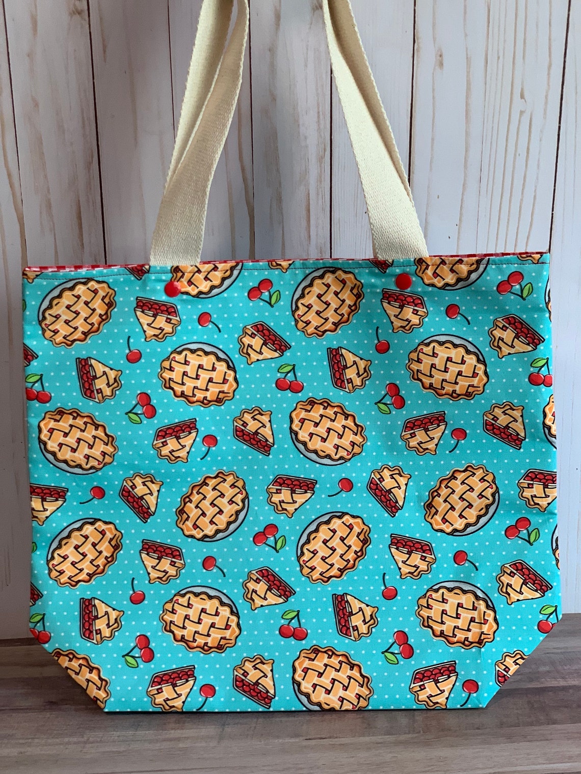 Large Tote Bag: *cherry Pie* W/red Checks Contrast Fabric - Etsy