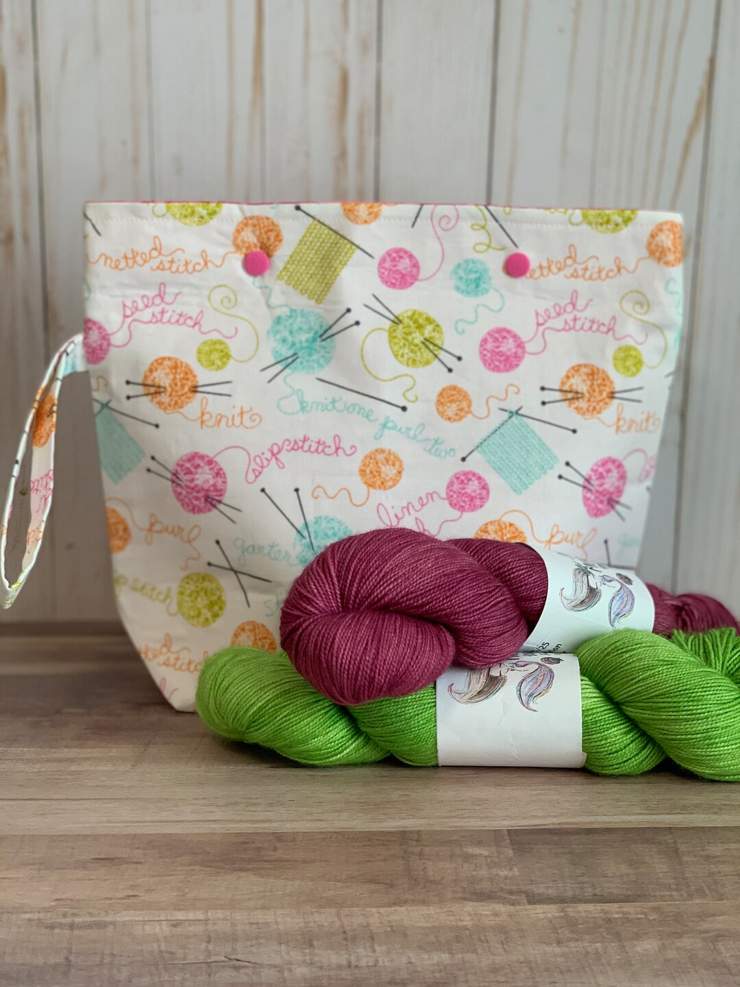 Medium Snap Top Project Bag:yarn Balls & Stitch Words, W/hot Pink ...