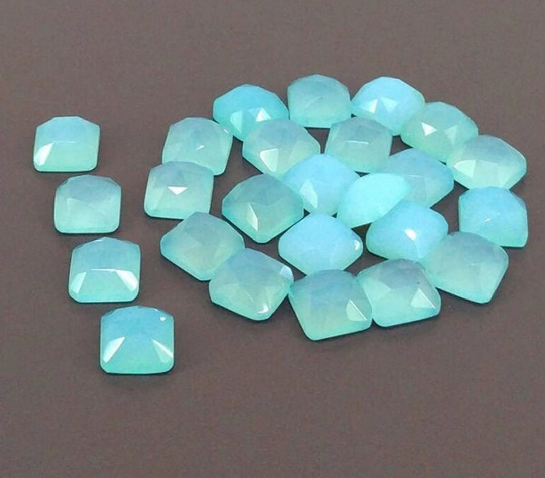 Aqua Chalcedony Rose Cut Cushion Shape Gemstone, Flat Back Cabochon ...