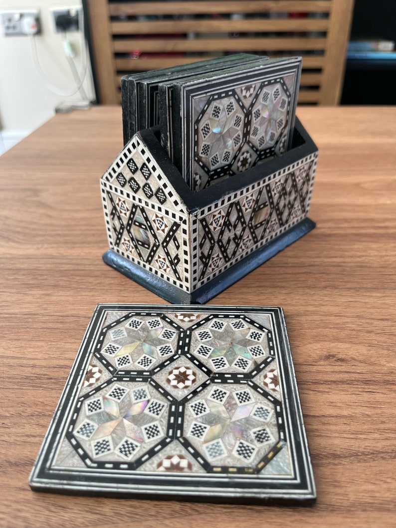 Elegant Egyptian Handcrafted Mosaic Coasters: Mother of Pearl Inlaid ...