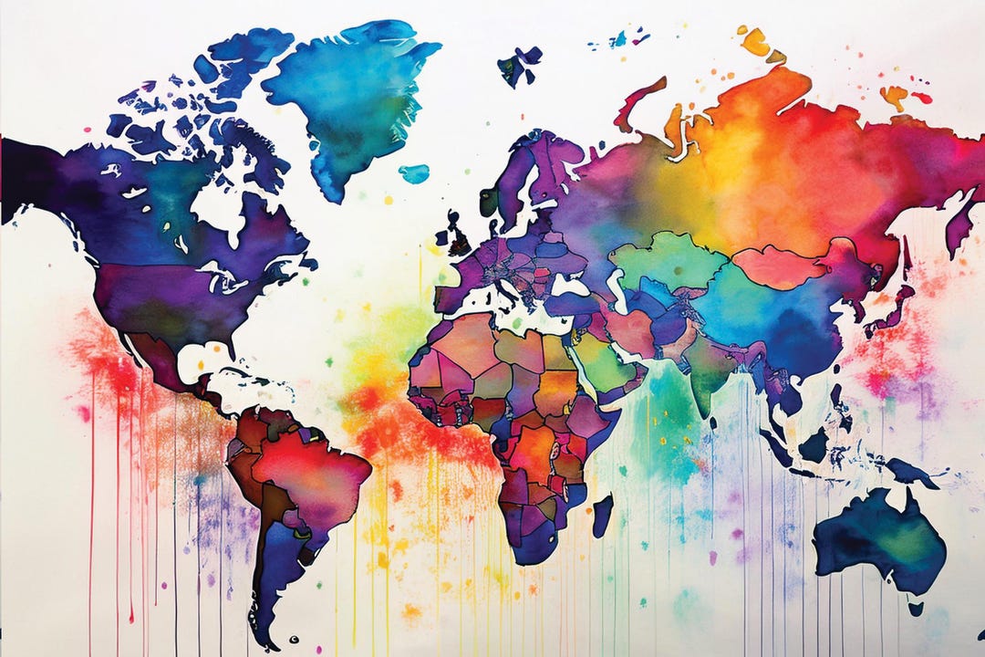 World Map, Splash Art 3, Watercolors, Art in Print, Ink, Physical Print ...