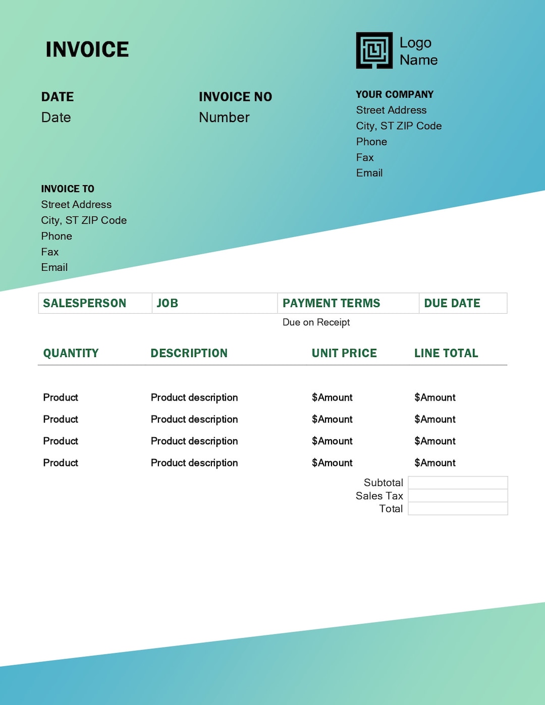 Invoice Template Editable, Small Business Custom Order Form Printable ...