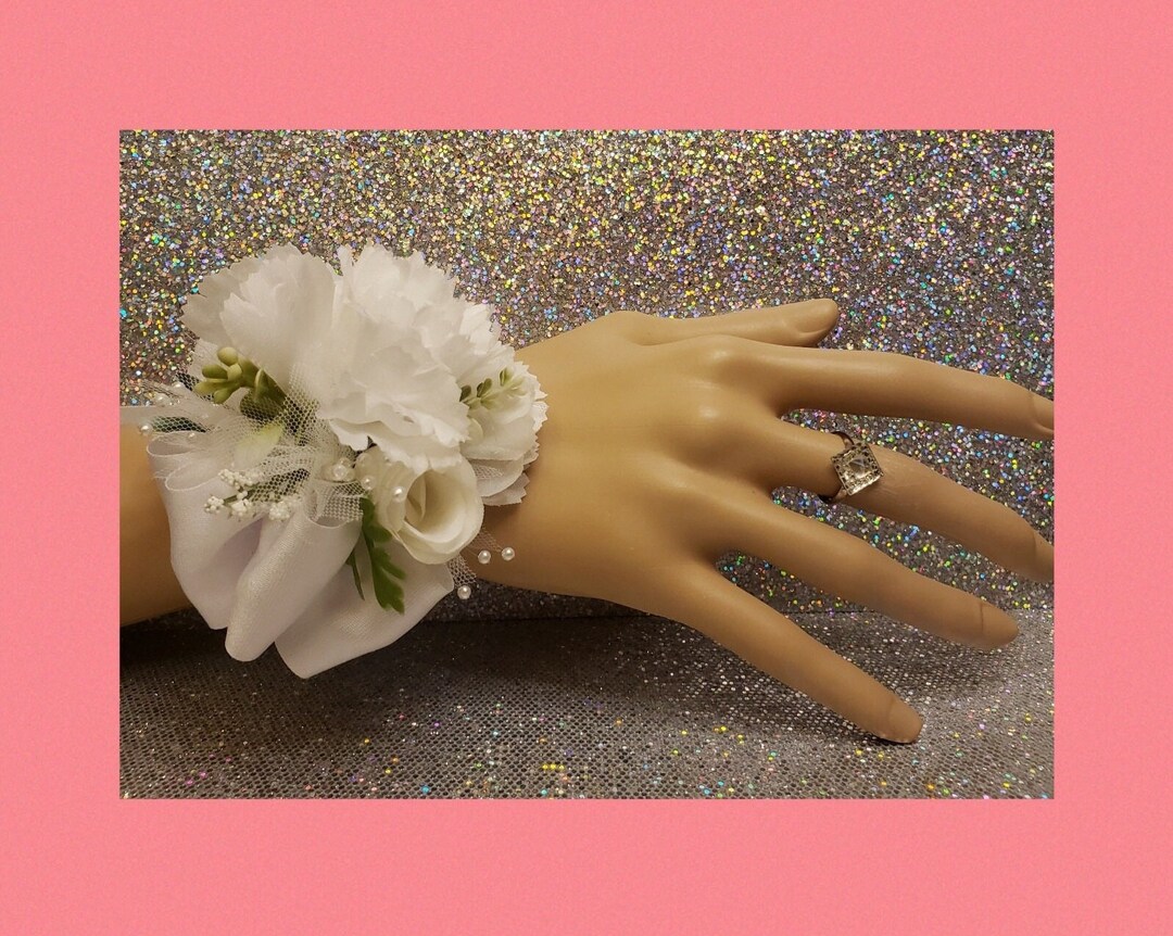 This is a Corsage With White Artificial Flowers. Matching Gem Silver ...