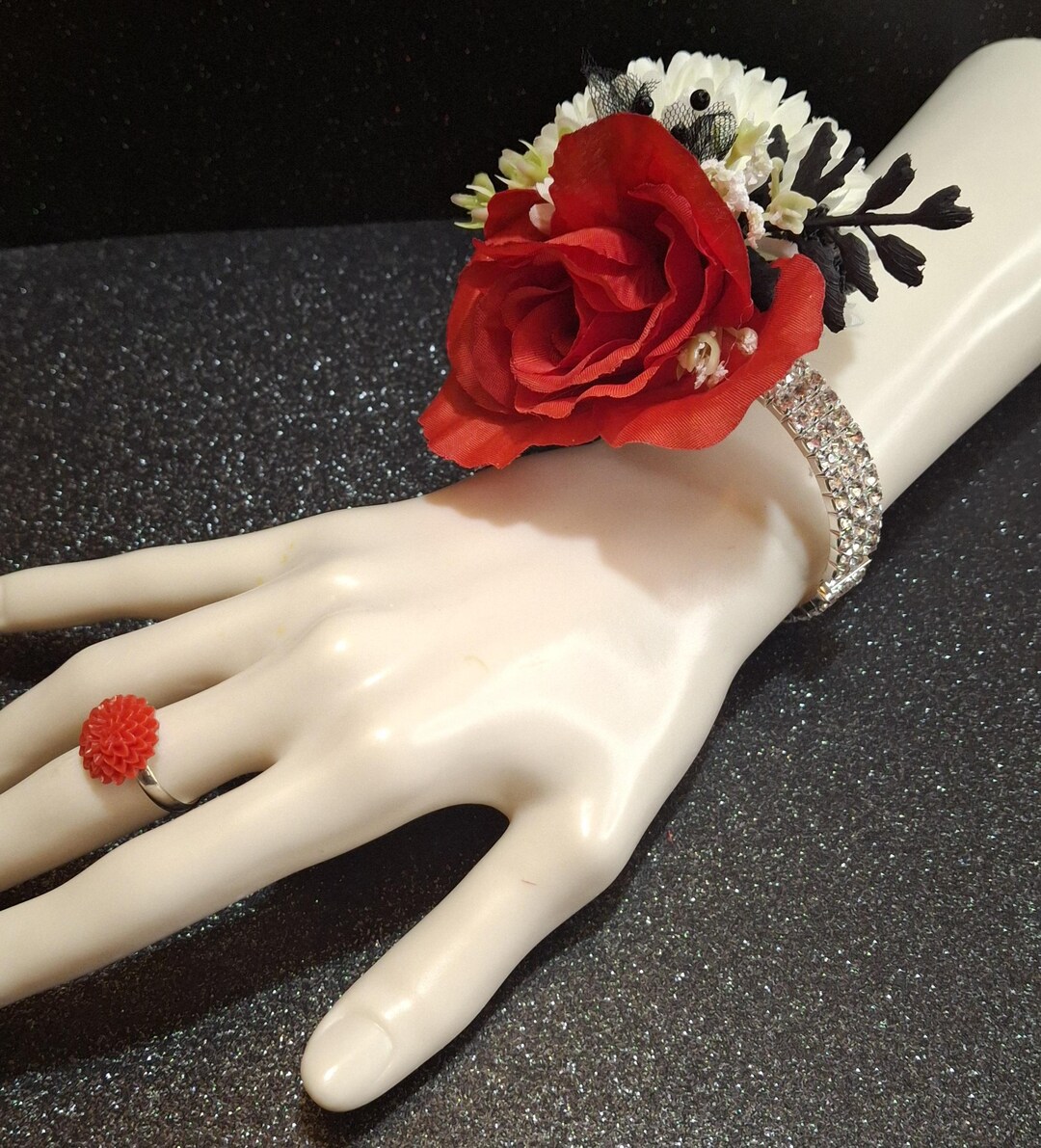 This is a Beautiful Corsage With Red, Black and White Artificial ...