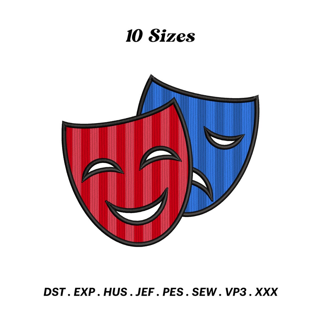 Theater Masks Applique Embroidery Design, Comedy Tragedy Mask Stitching ...