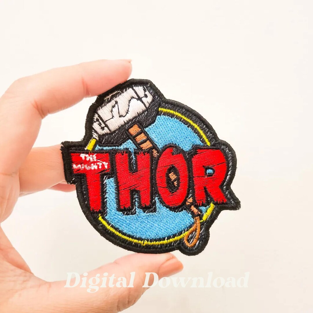 Thunder God Emblem Embroidery Design, Superhero Patches, Magic Hammer Embroidery, Digital ...