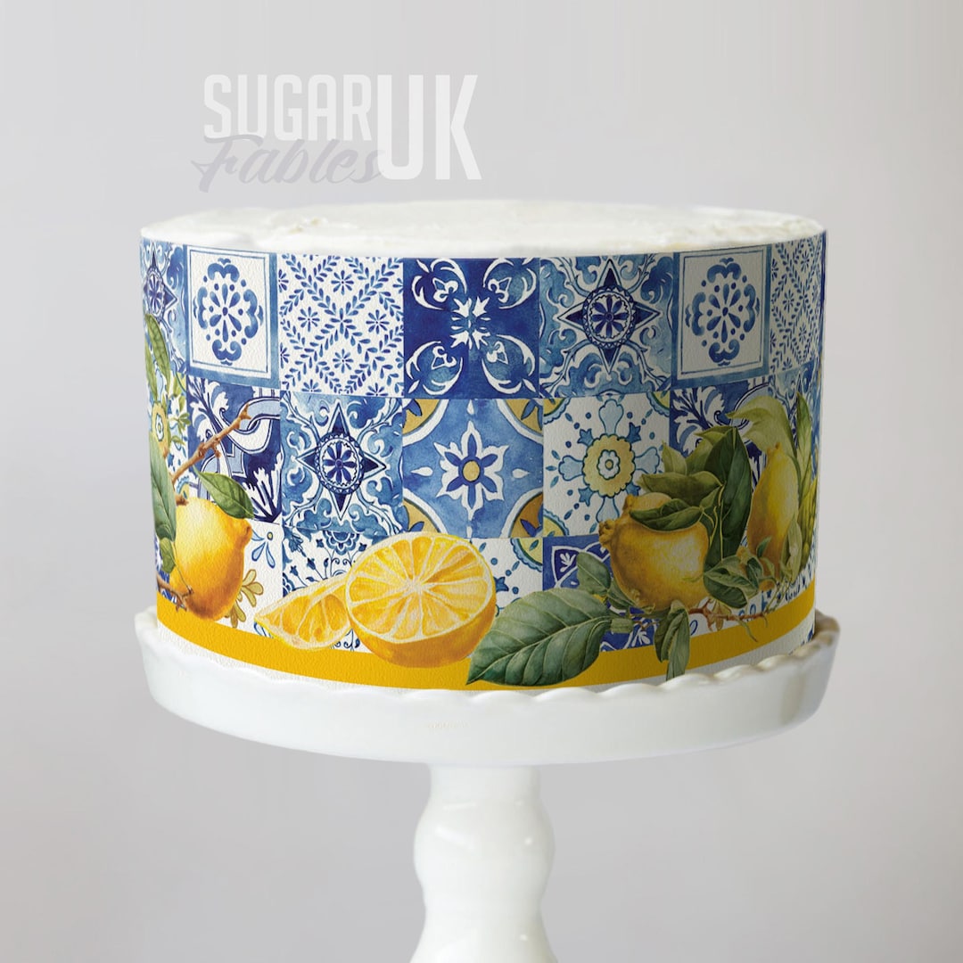 Blue Italian Lemon Tiles Cake Wrap: Mediterranean Edible Images ...