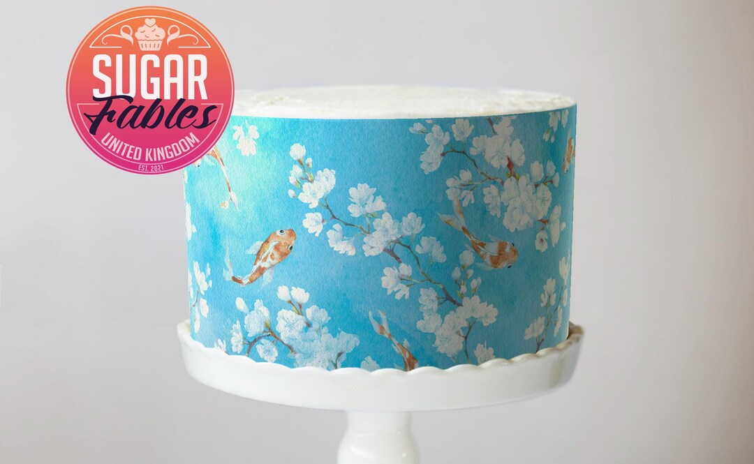 Cherry Blossoms & Koi Edible Image, Cherry Blossoms Cake Wrap, Koi Pond ...