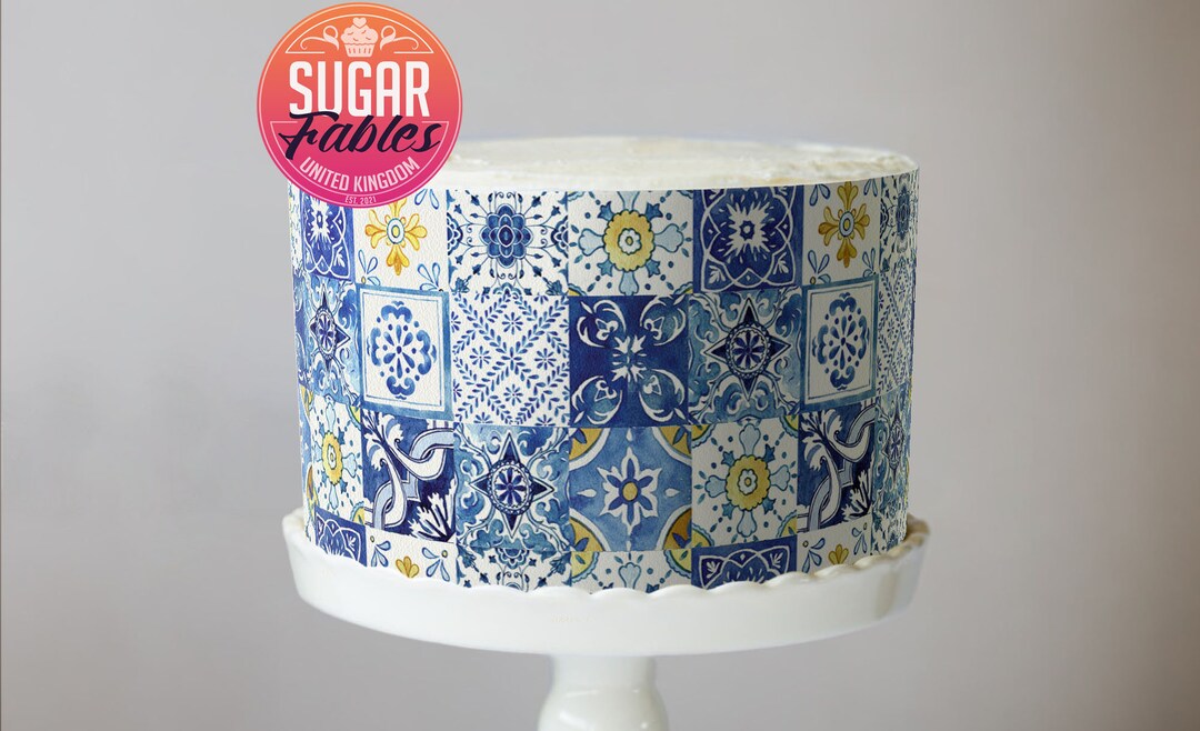 Blue Italian Tiles Cake Wrap Mediterranean Edible Images Decorative ...