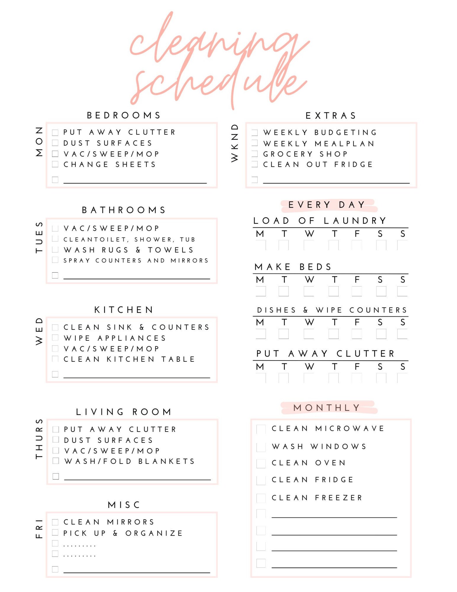 Weekly Cleaning Checklist | Printable | Instant Download | Cleaning ...