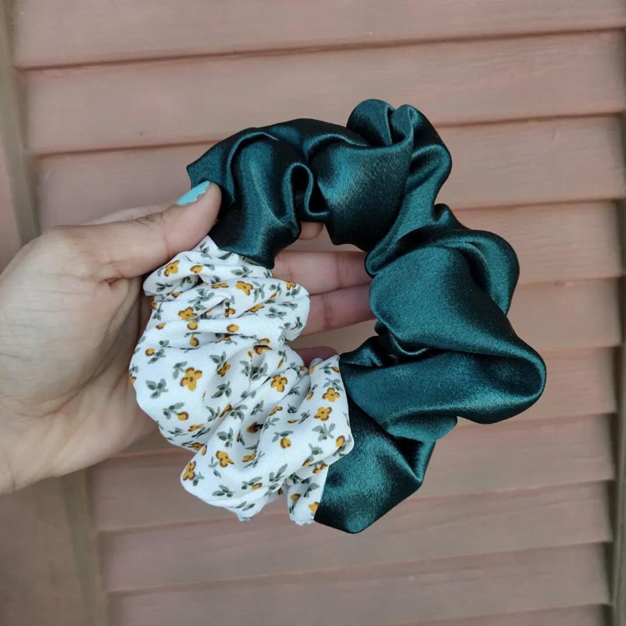 Two Tones Scrunchie Satin Rayon, Green, Emerald Scrunchie, White Floral ...