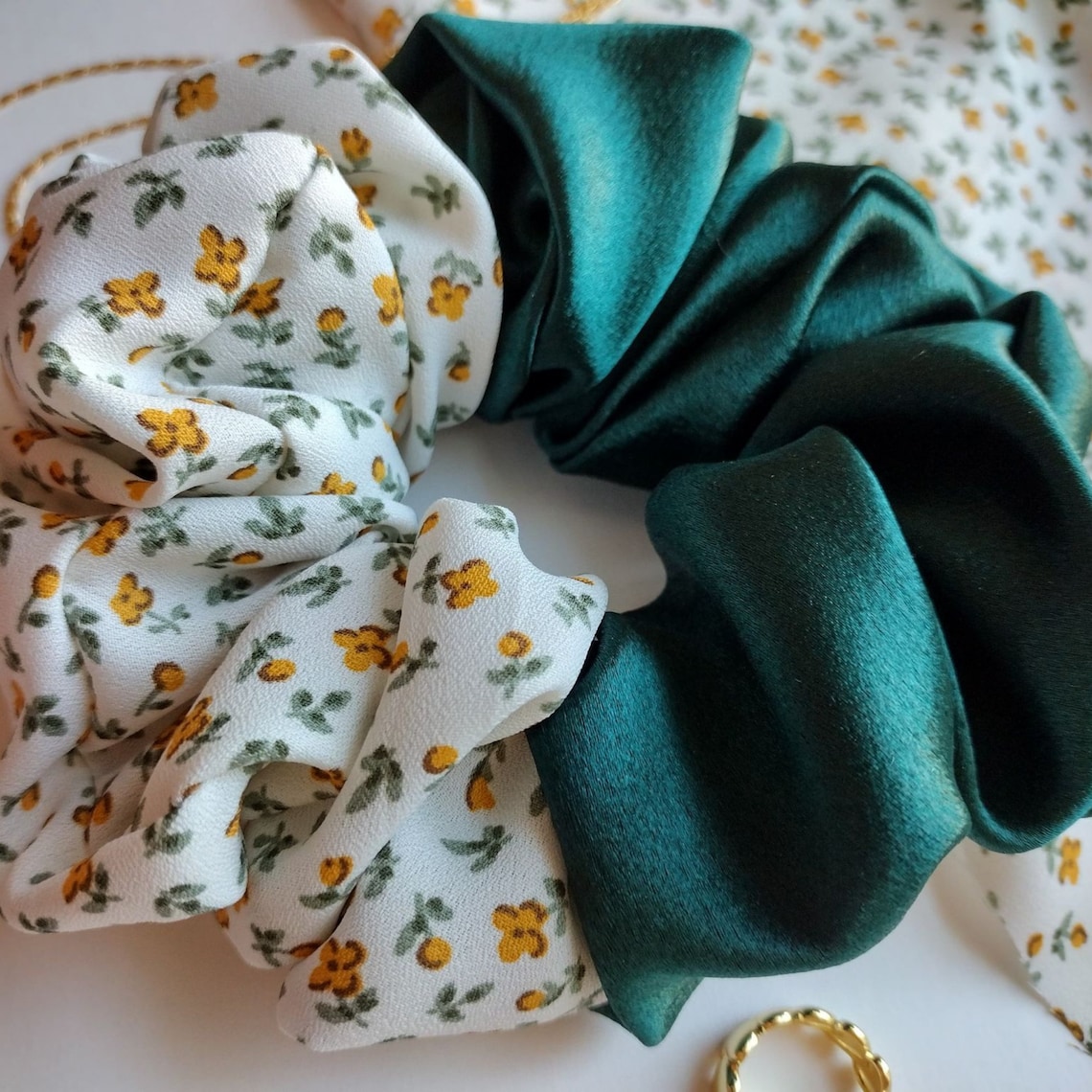 Two Tones Scrunchie Satin Rayon, Green, Emerald Scrunchie, White Floral ...