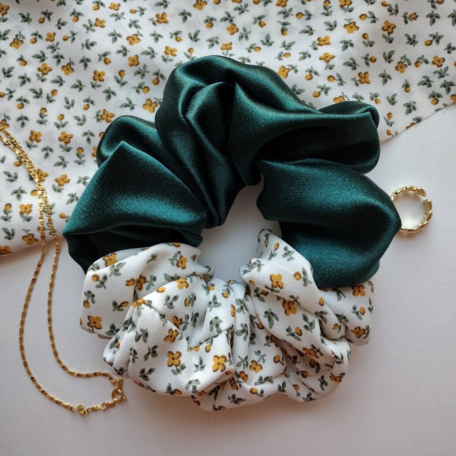 Two Tones Scrunchie Satin Rayon, Green, Emerald Scrunchie, White Floral ...