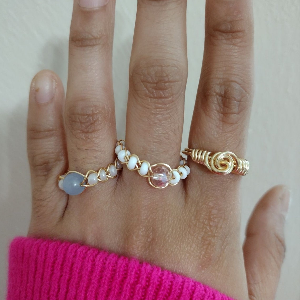 Blue Ring Wire Wrap,crystal Wire Ring, Pink Crystal Braided Ring, Wire ...