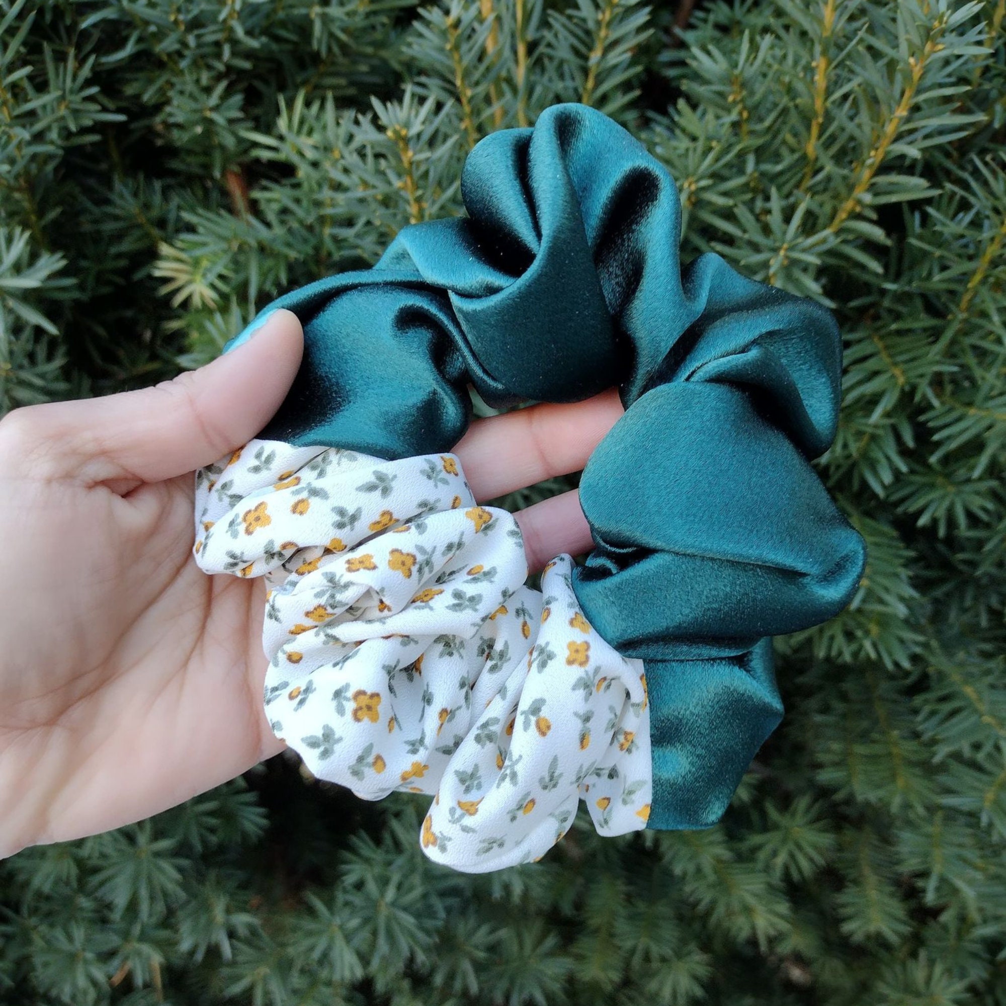 Two Tones Scrunchie Satin Rayon, Green, Emerald Scrunchie, White Floral ...