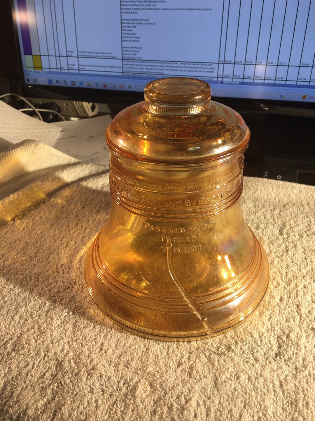 1776-1976 Carnival Glass Liberty Bell Cookie/sweets Jar With Lid ...