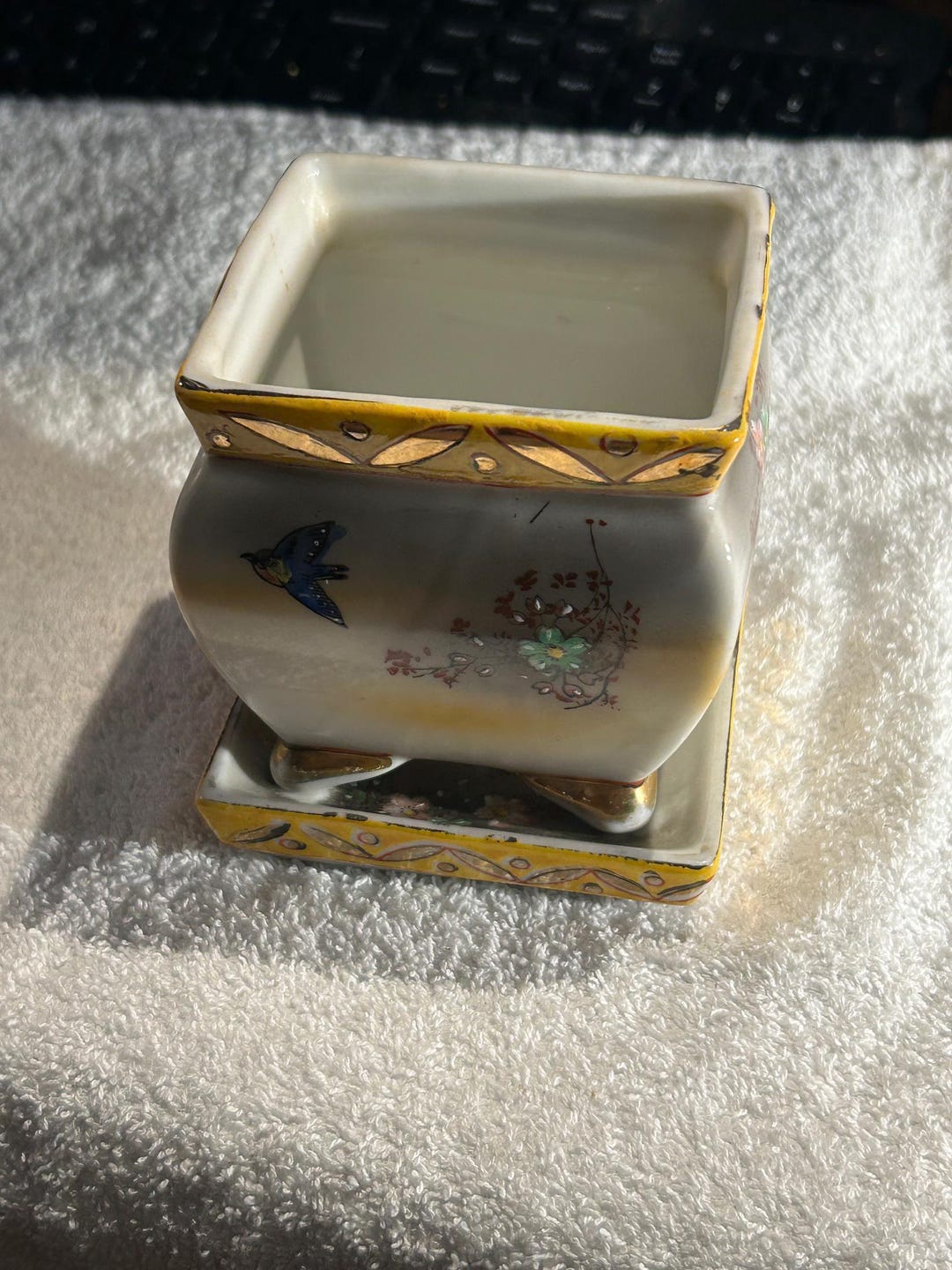 Vintage Gold Castle Flower Pot Bluebirds Hand Painted Porcelain Moriage ...