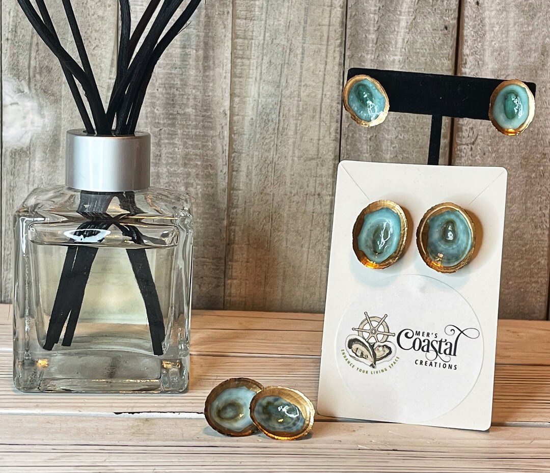 Gold Leaf Trimmed Limpet Shell Earrings/blue-green Shell Earrings/aqua ...