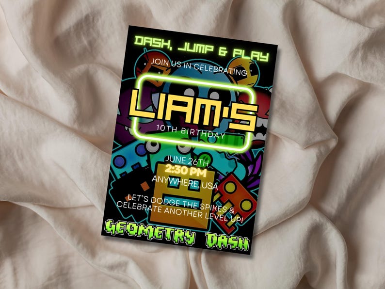 Geometry Dash Birthday Party Kit: Editable Invitation, Banner, Toppers ...