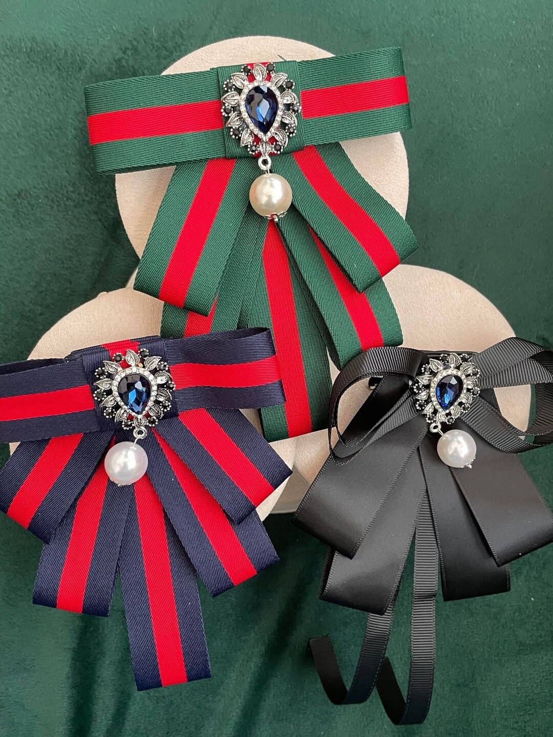 Green Bowtie Fake Tie Collar Brooch Clip for Bloused Top Decoration for ...