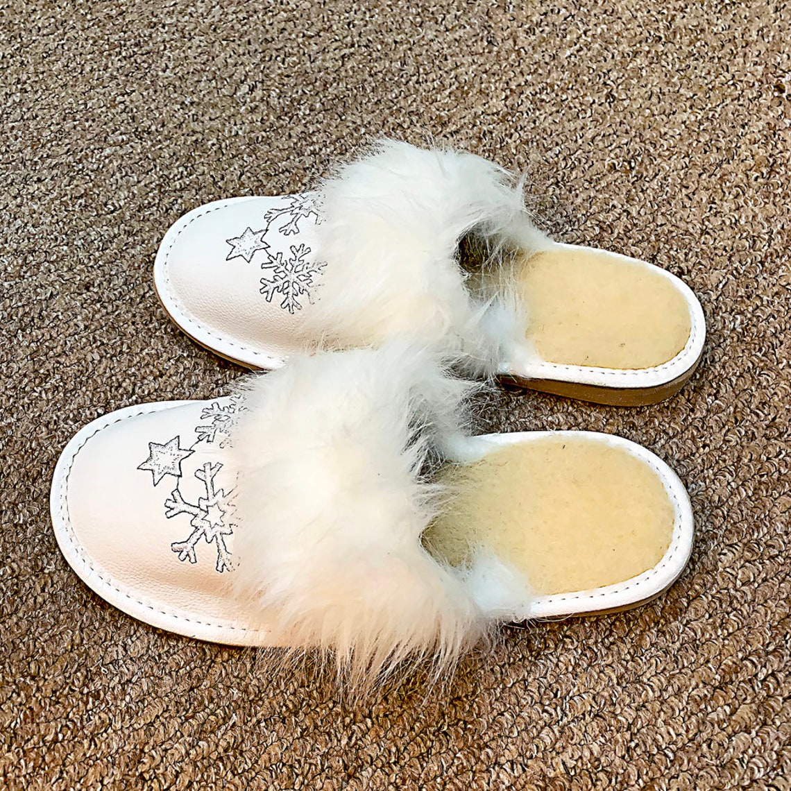 White Snowflake Women Slippers Hand Made With Natural Leather - Etsy