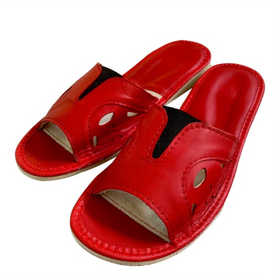 Red Peep Toes Slippers for Ladies Natural Leather Wider Sizes - Etsy UK