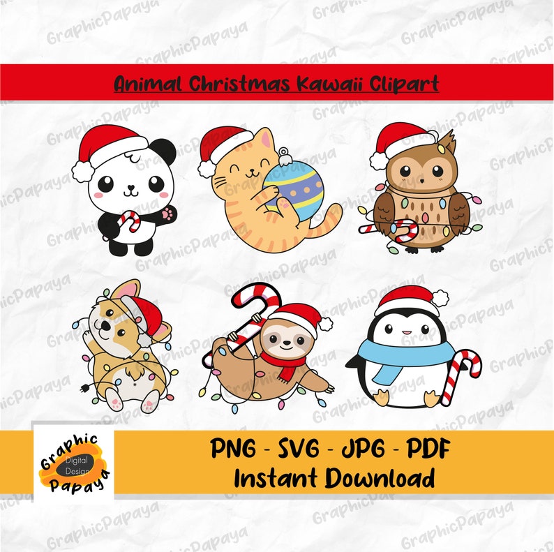 Animal Christmas Kawaii Clipart, High Quality 300 Dpi, Png, Svg, Pdf ...