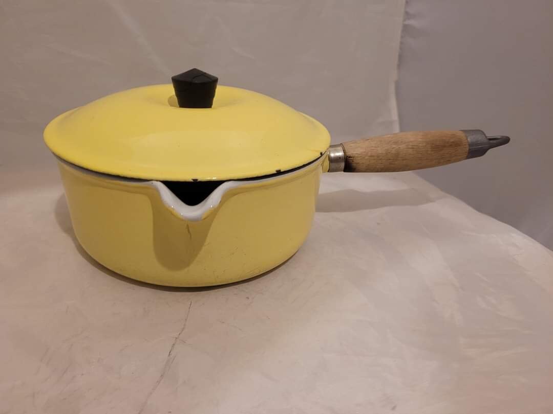 Rare Vintage Yellow Cast Iron Saucepan With Lid and Wooden Handle - Etsy