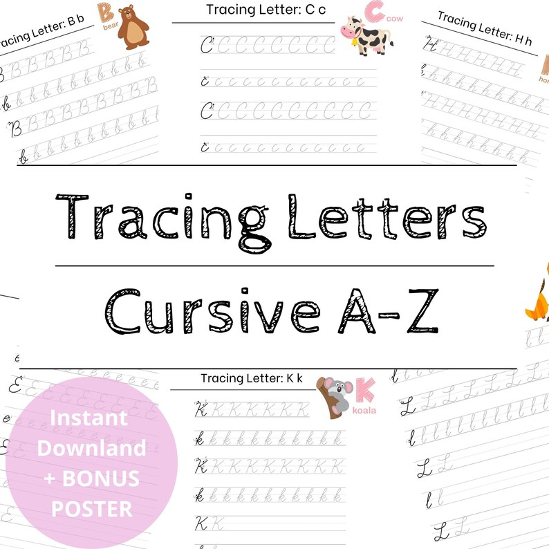 Cursive Letters Handwriting Practice Printable Worksheet, Alphabet ...