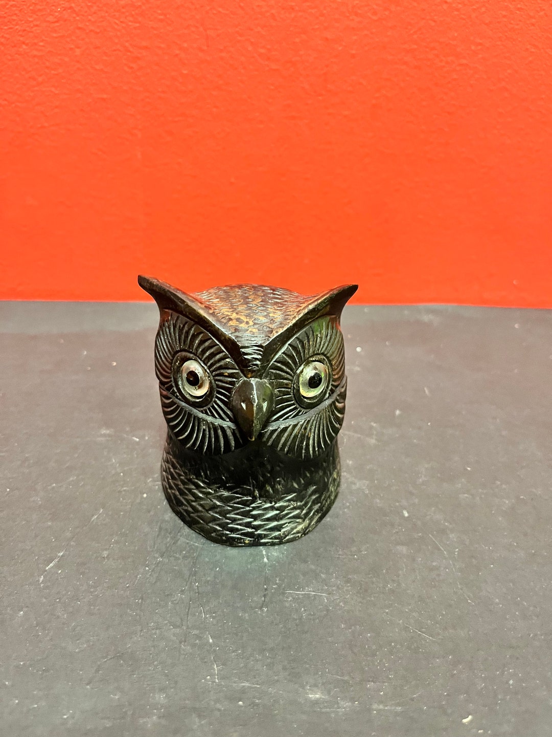 Amazing 3 Inch High English Antique Wooden Owl Inkwell With Original ...