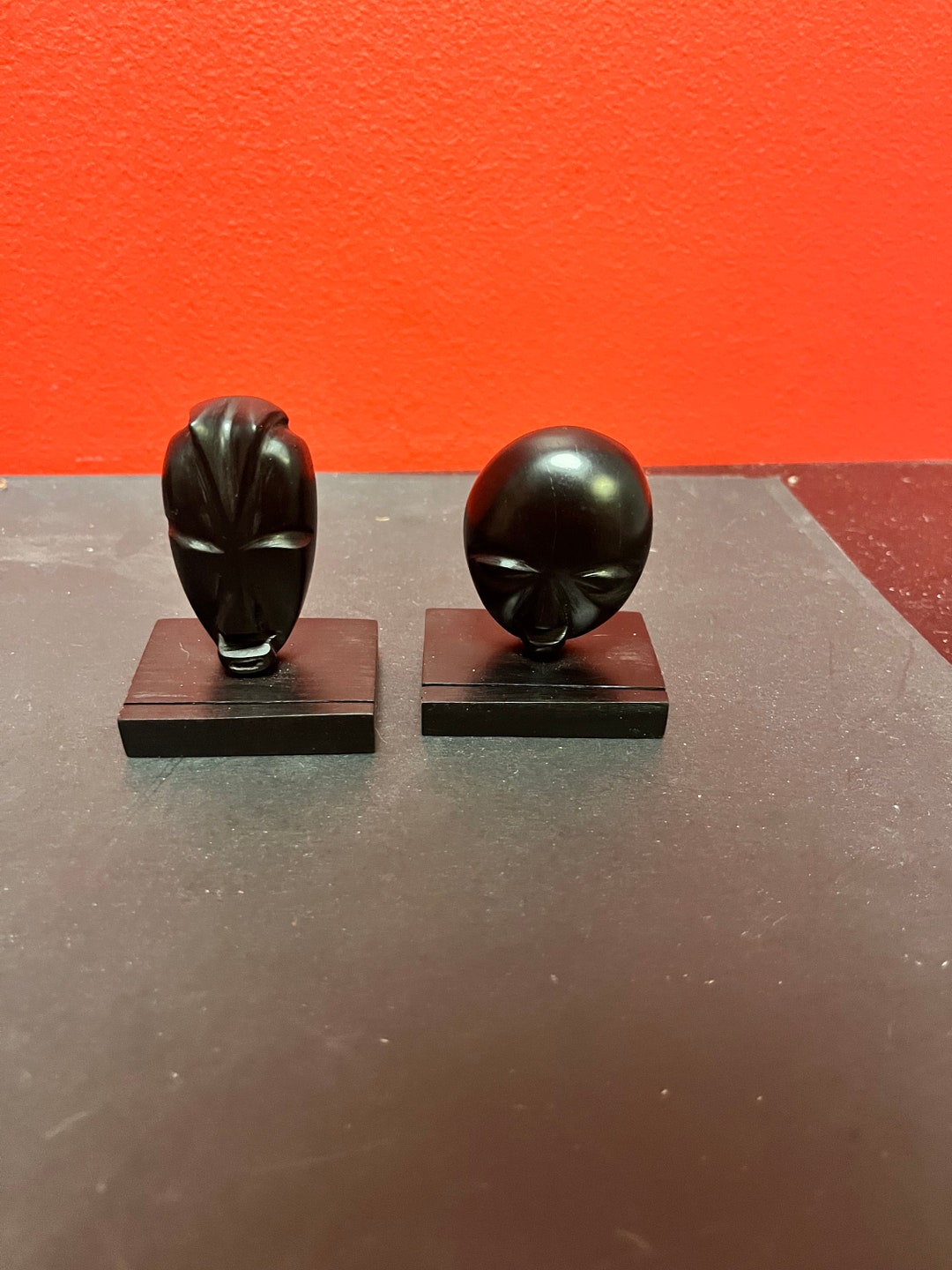 Two Fabulous Ebony Wood African Masks on Stands — 3 Inches High — Great ...