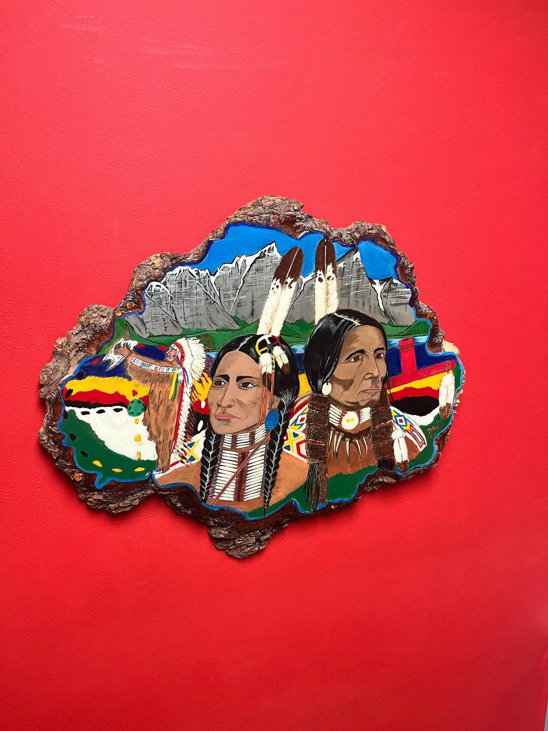 Stunning 24 X 19 Tall Indigenous First Nations Painted Live Edge Wood ...