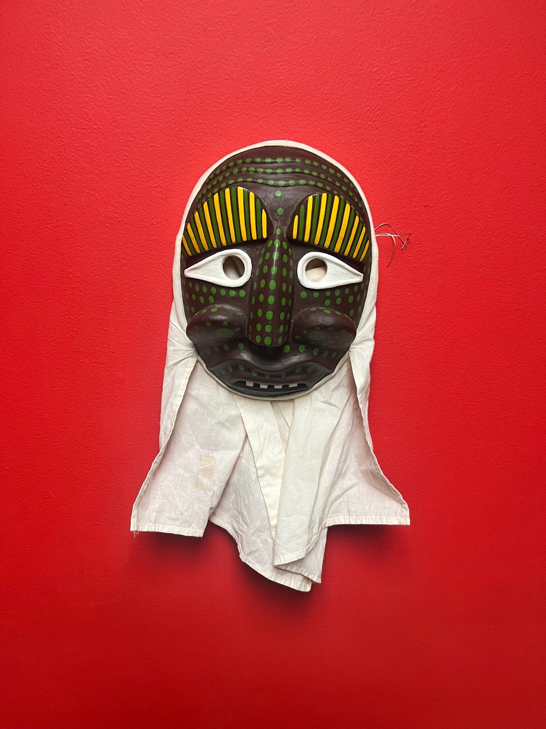 Lovely 10 X 7” Korean Vintage Signed Wooden Drama Mask With Fabric ...