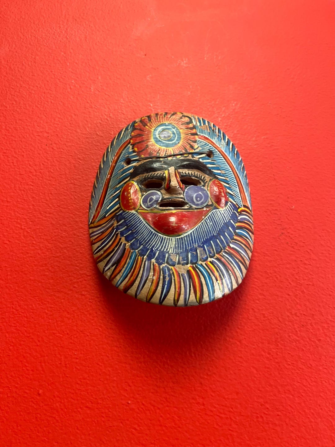 Beautiful Old 6 Inch Tall Clay Sun Mask — Mexican — Well Painted ...