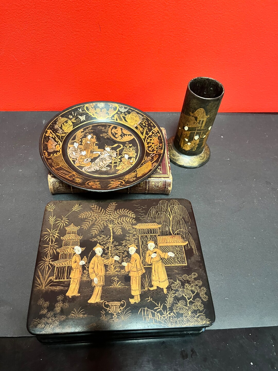 Three Pieces of Beautiful South East Asian Lacquer Ware With Gilt ...