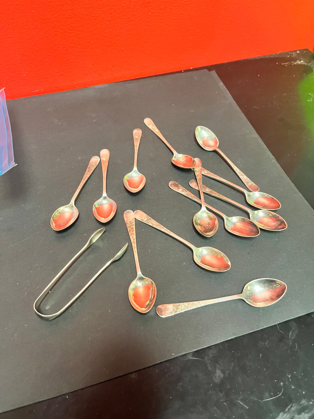 Set of 12 English Sterling Silver Hallmarked Teaspoons and Sugar Tongs ...