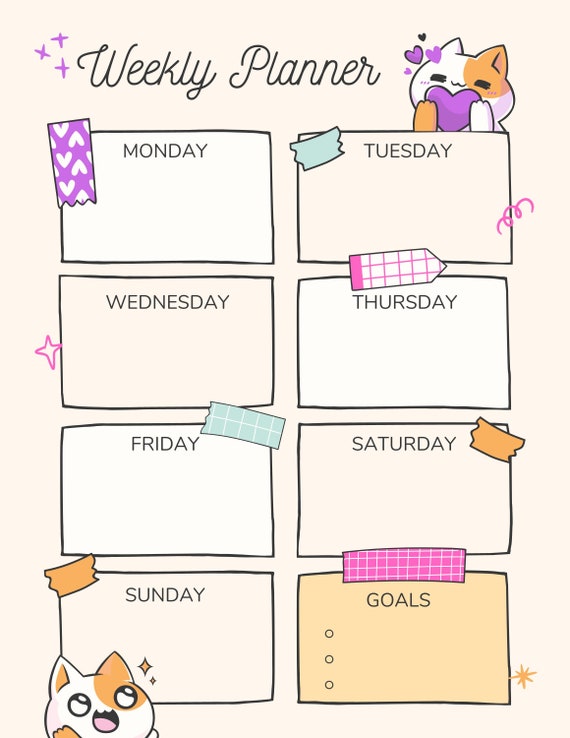 Chibi Cat Weekly Planner Printable Download Svg Jpg Pdf - Etsy