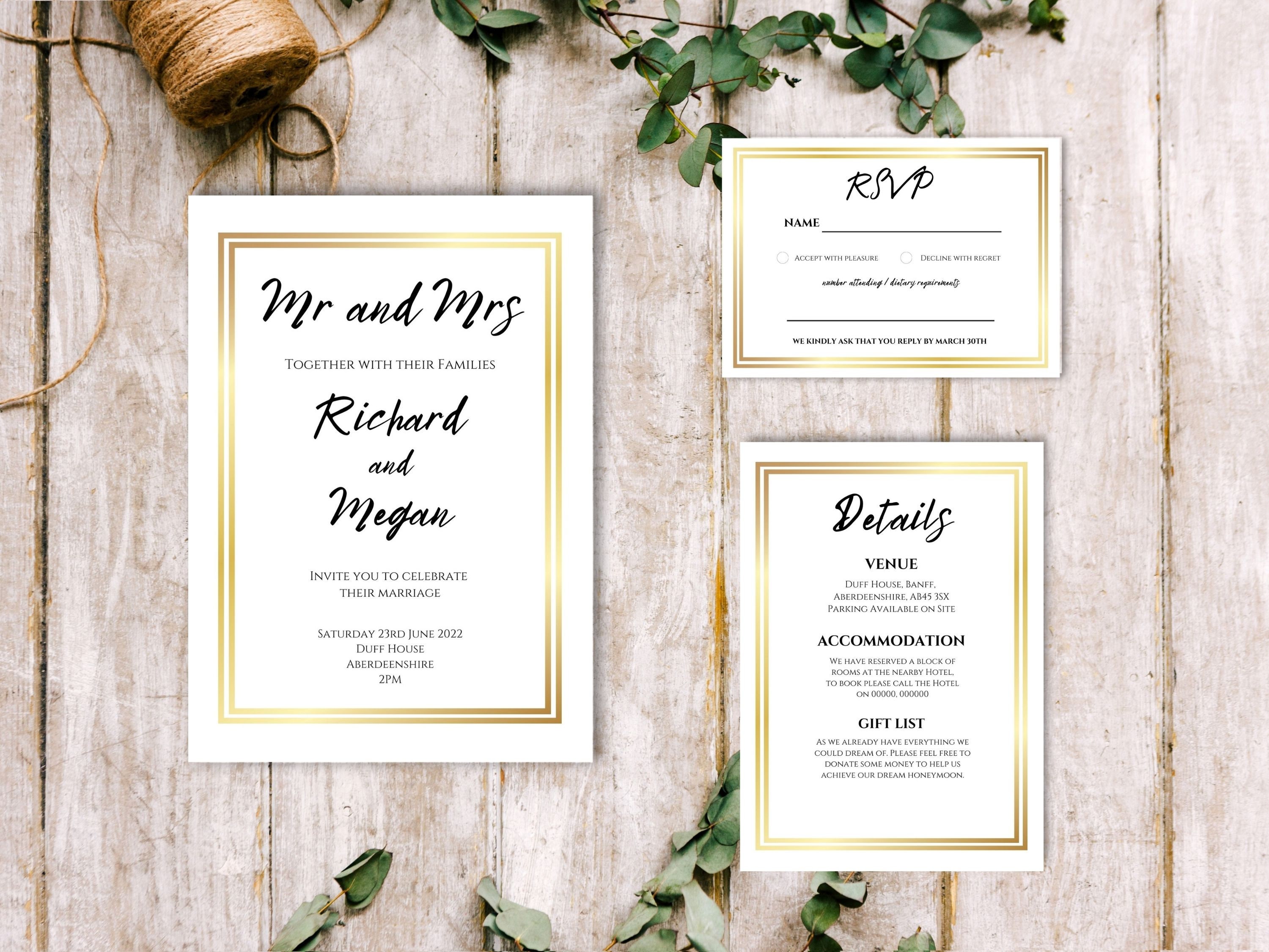 Gold Border Design Wedding Invitation Suite Digital Download | Etsy