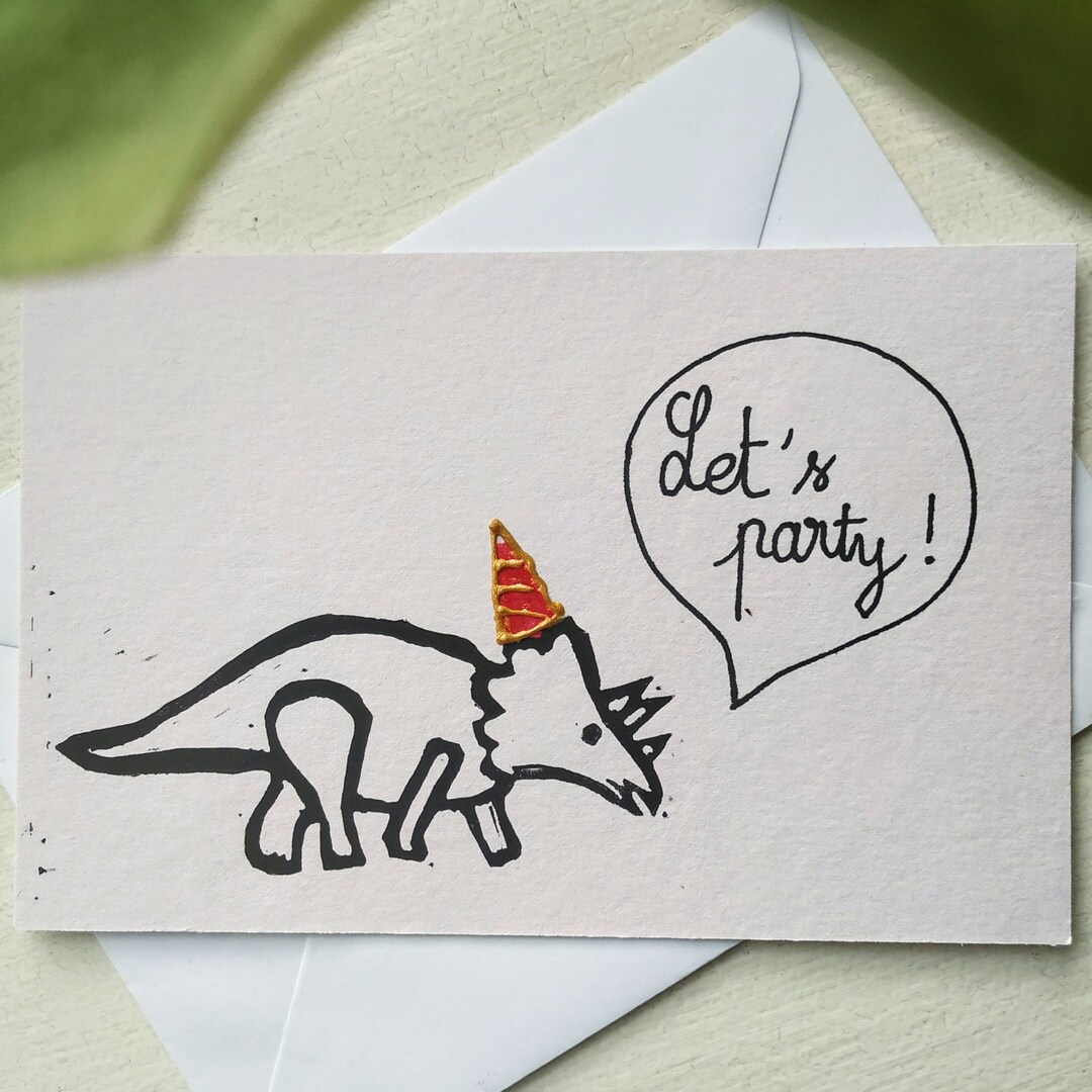 Customizable Dinosaur Greeting Card Linocut With Gold Party Hat ...